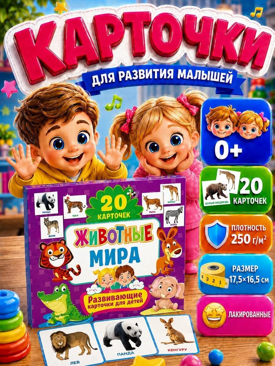 Животные мира. Развивающие карточки для детей (20 карточек).