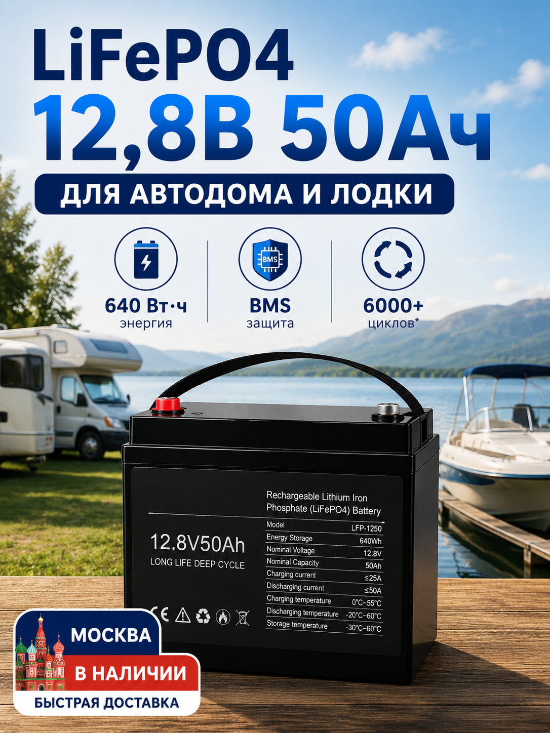 Литий-железо-фосфатный аккумулятор LiFePO4 12,8 В 50 А·ч