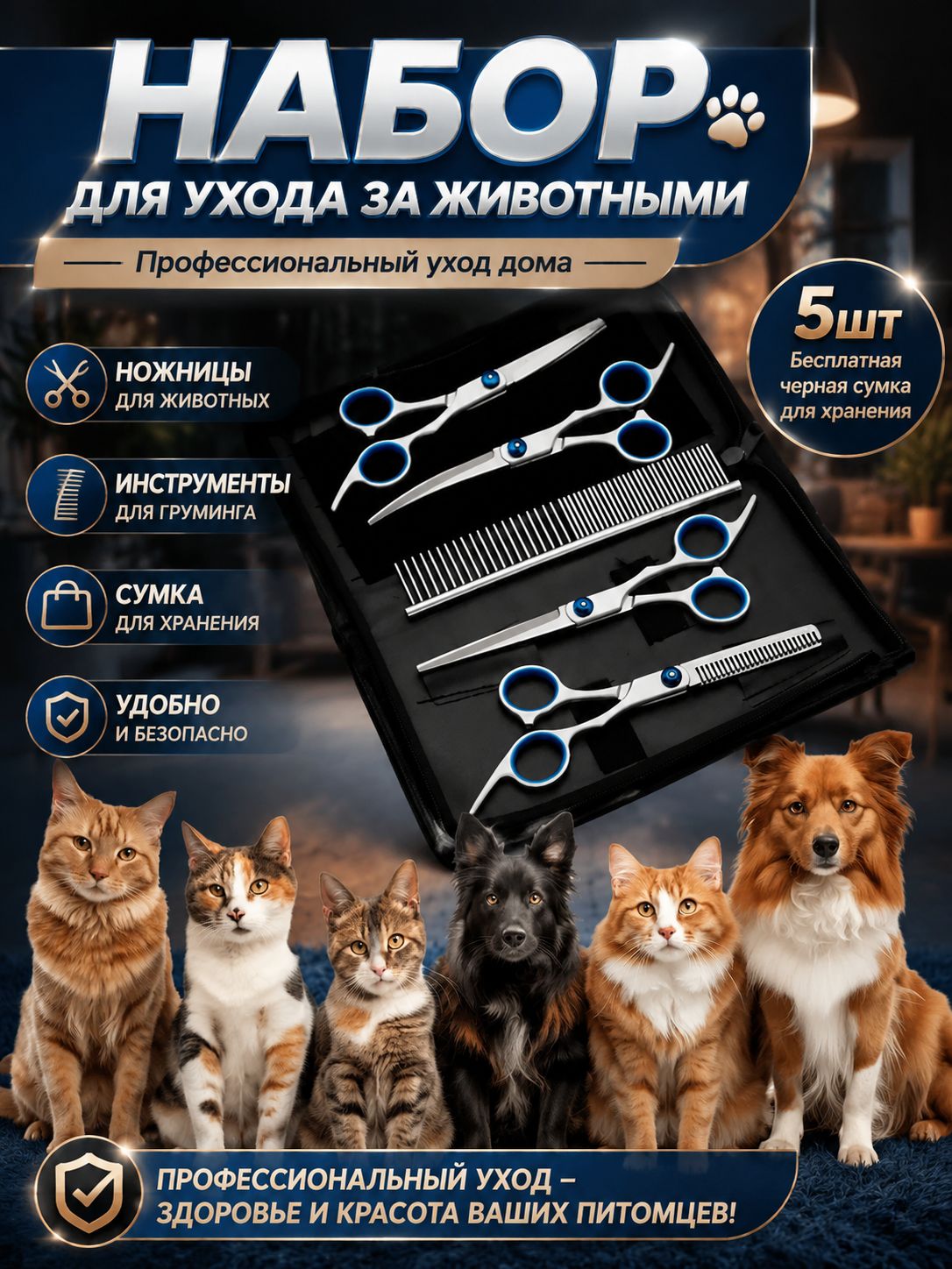 Набор ножниц для ухода за домашними животными, нержавеющая сталь 6 в 1, набор для груминга собак.
