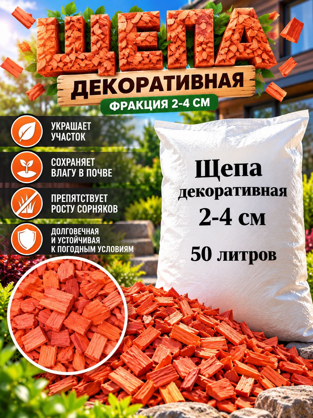 Щепа декоративная оранжевая в мешках для сада (мульча кора сосны оранжевая), 2-4 см, 50 литров