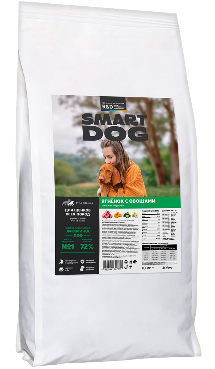 Корм сухой Smart Dog для щенков всех пород, ягненок, овощи, 18 кг