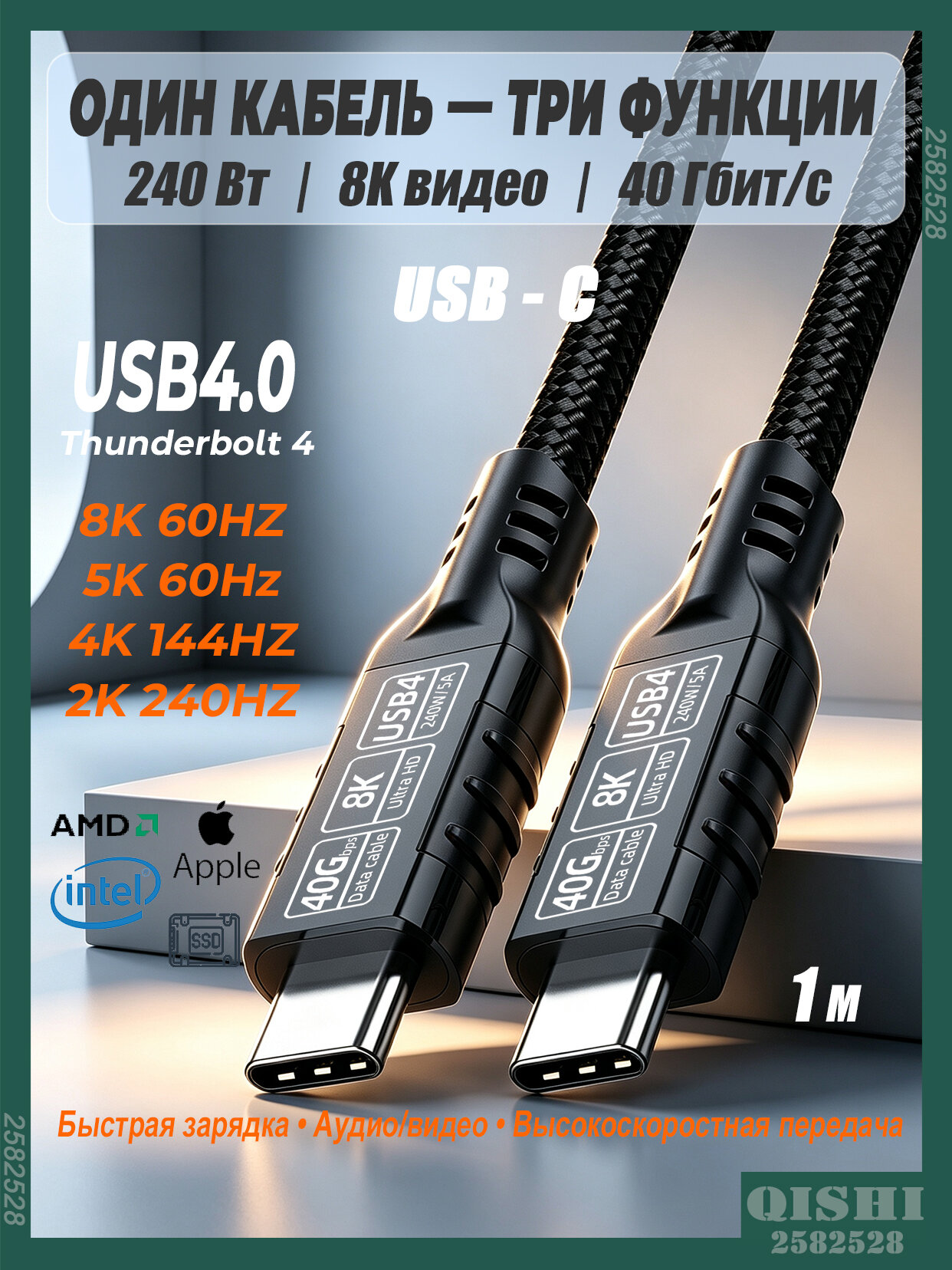 Кабель USB4 Type-C Thunderbolt 4 40 Гбит/с 240W 8K