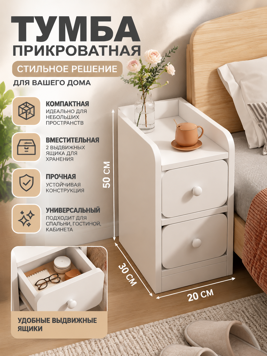YIZENGMING Тумба прикроватная узкая 20х30х50 см, 2ящика, белая, для спальни