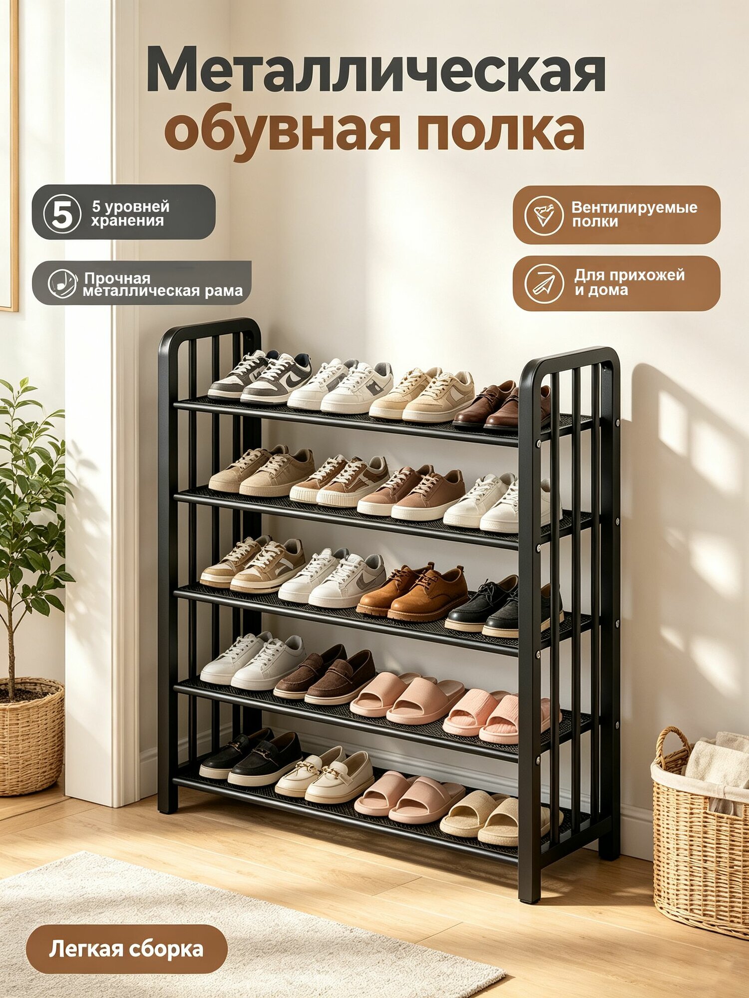 Обувница для прихожей узкая металлическая 100x28x87 см компактная полка для обуви