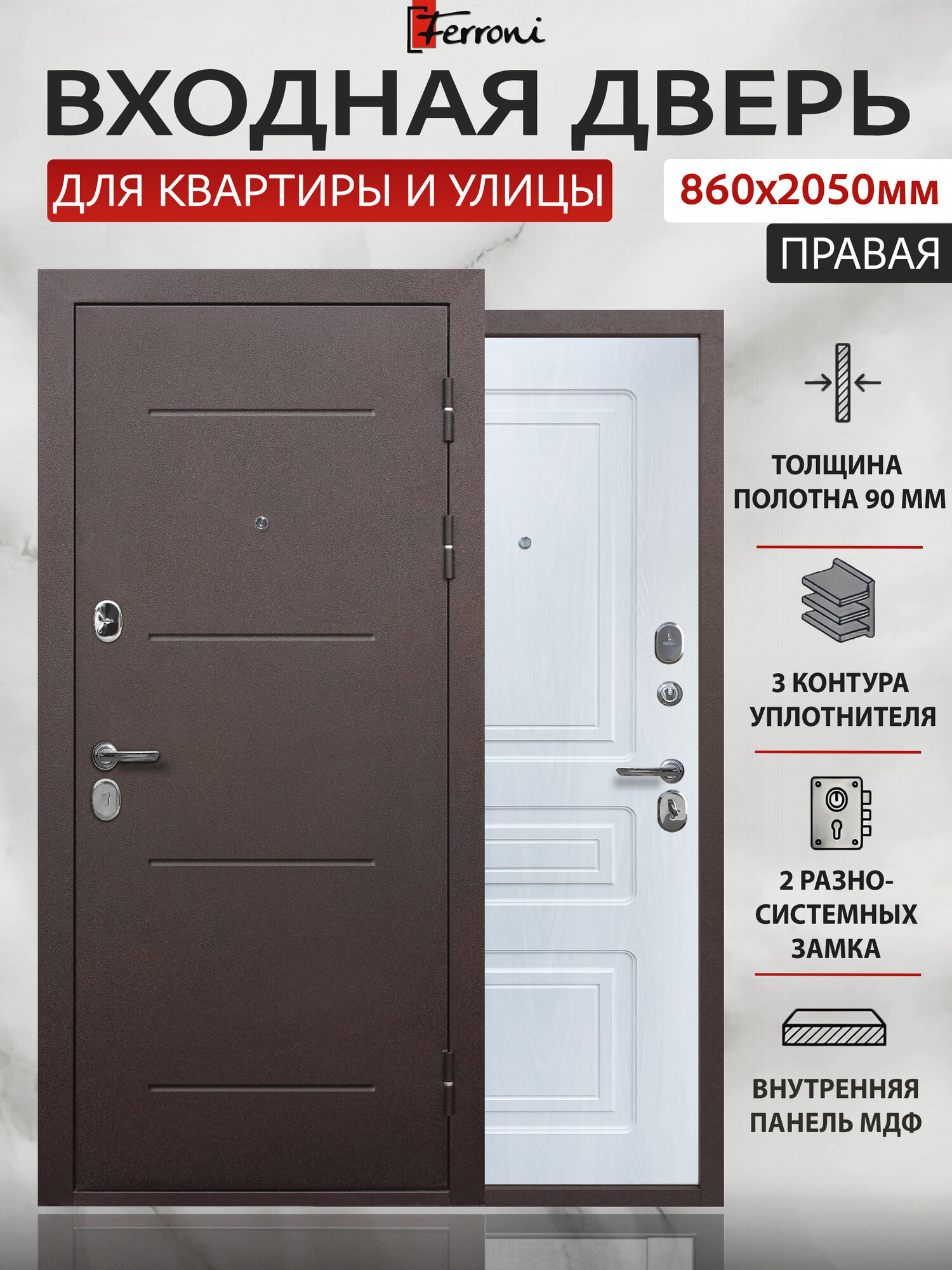 Входная дверь Ferroni Толстяк Медный Антик Белый Ясень (860мм) правая