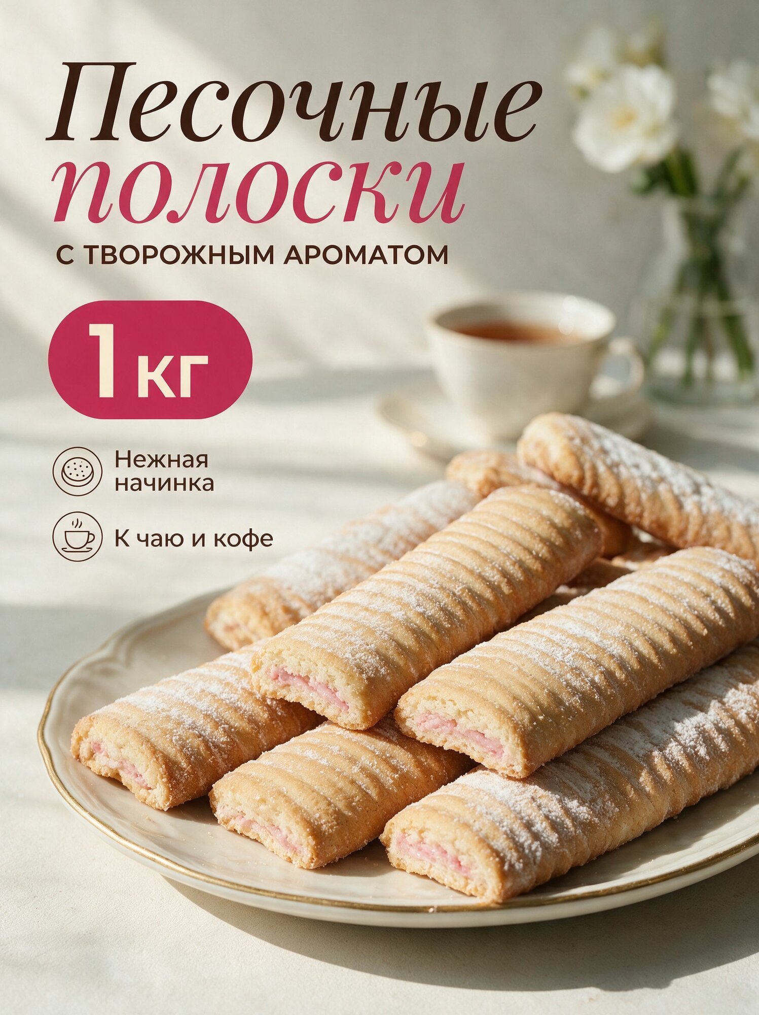 Печенье сдобное Песочная полоска Элза 1 кг с начинкой с ароматом творога, в сахарной пудре, к чаю