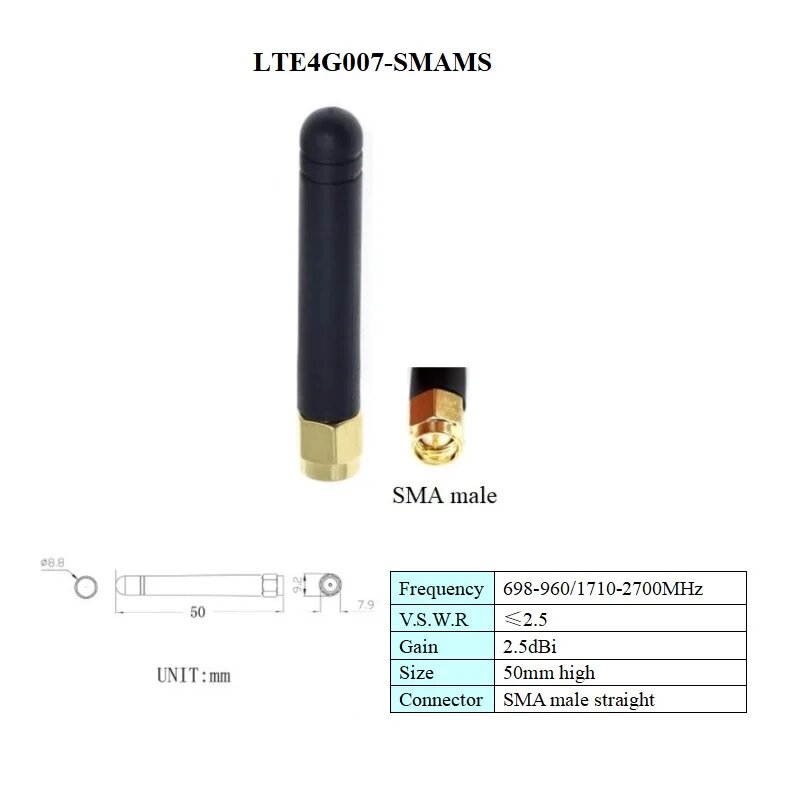 Компактная всенаправленная антенна SMA для GPRS/GSM/3G/4G LTE, 698-960/1710-2700 МГц, 4G007SMAMS