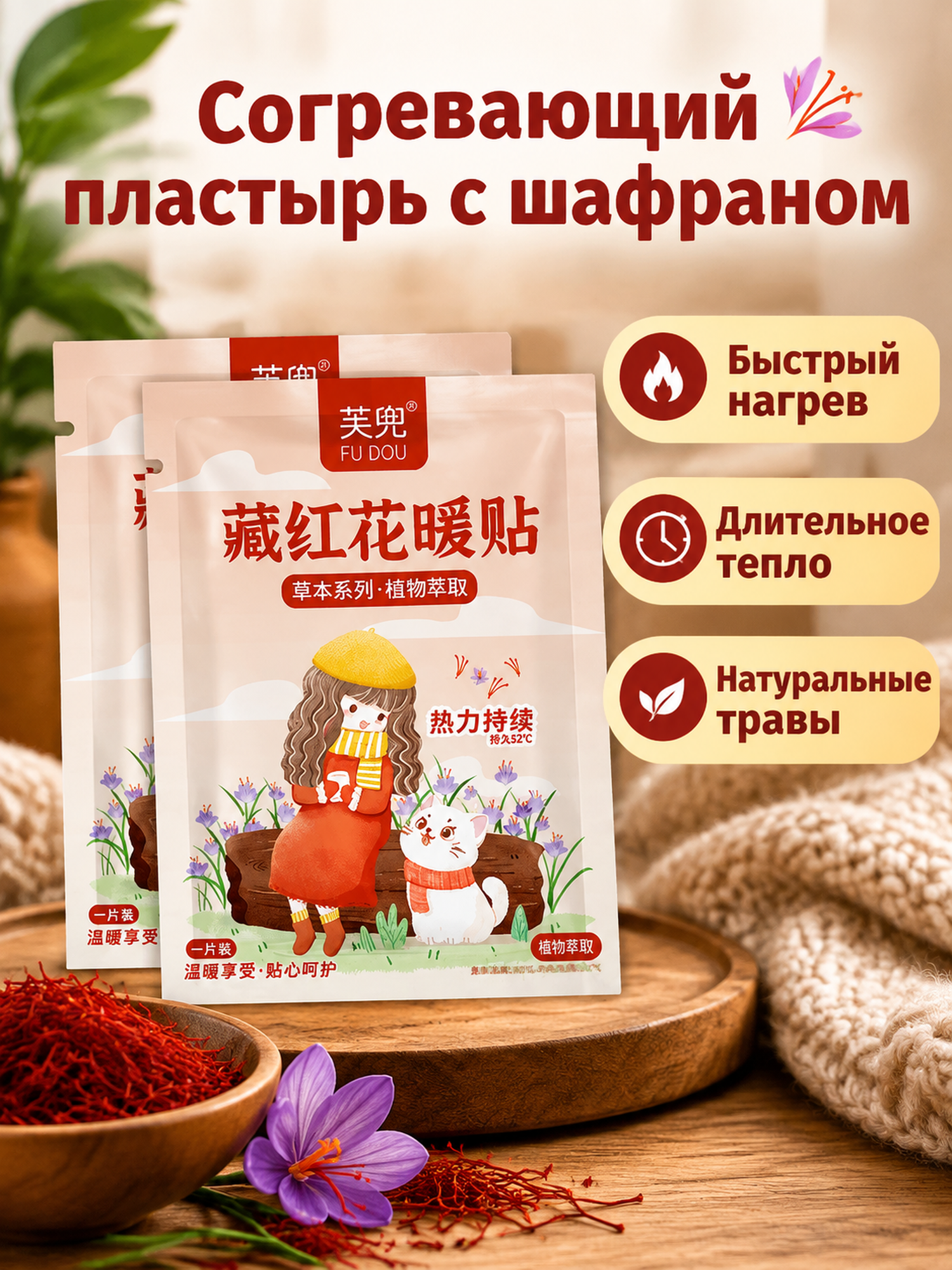 Тепловой патч Fu Dou с экстрактом шафрана, одноразовый самонагревающийся пластырь для тела, 10 часов тепла, 63 C