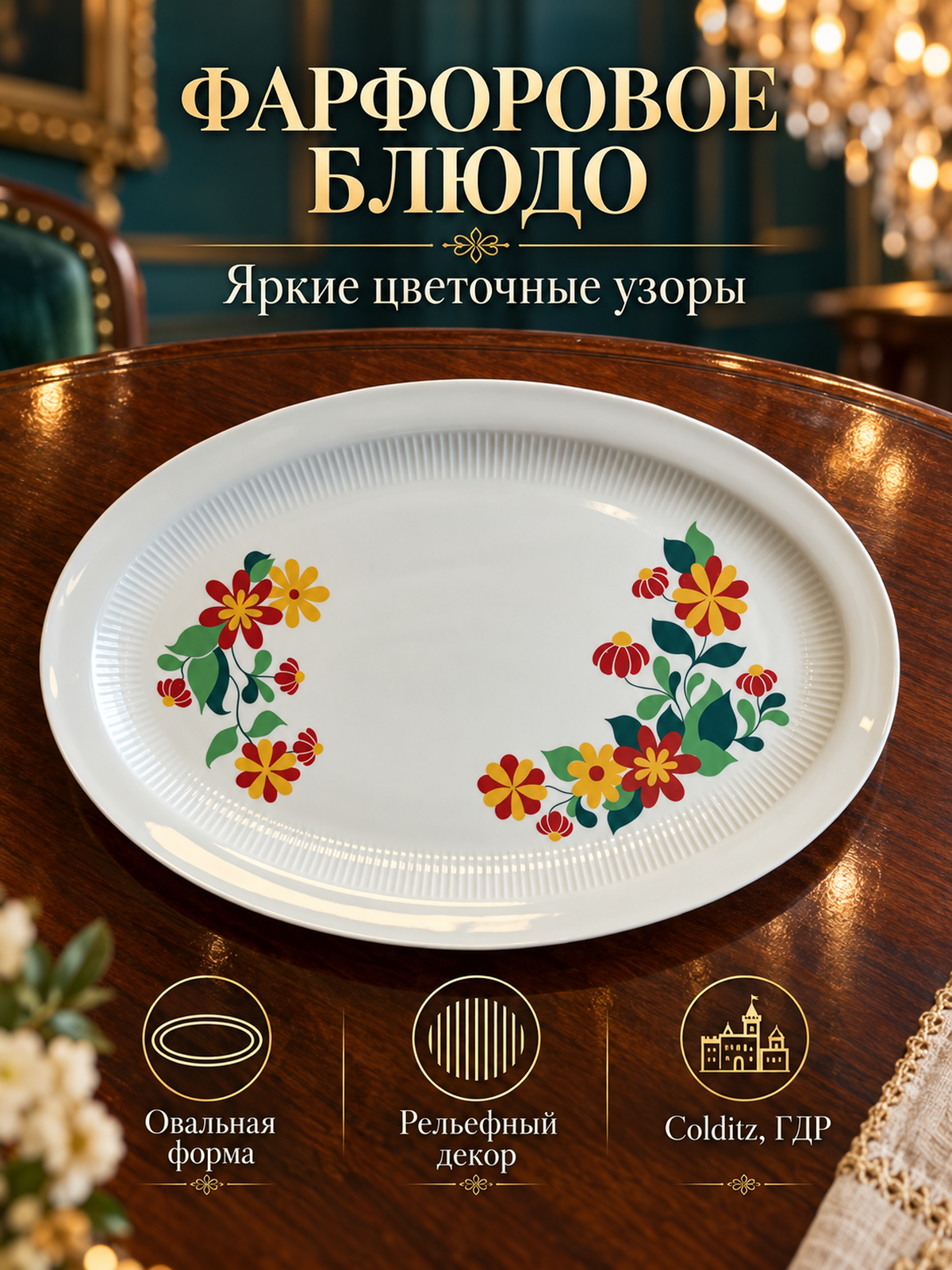Тарелка фарфоровая овальная для сервировки, рельеф, яркие цветочные узоры, Colditz GDR, Кольдиц ГДР винтаж 1960-1980 гг