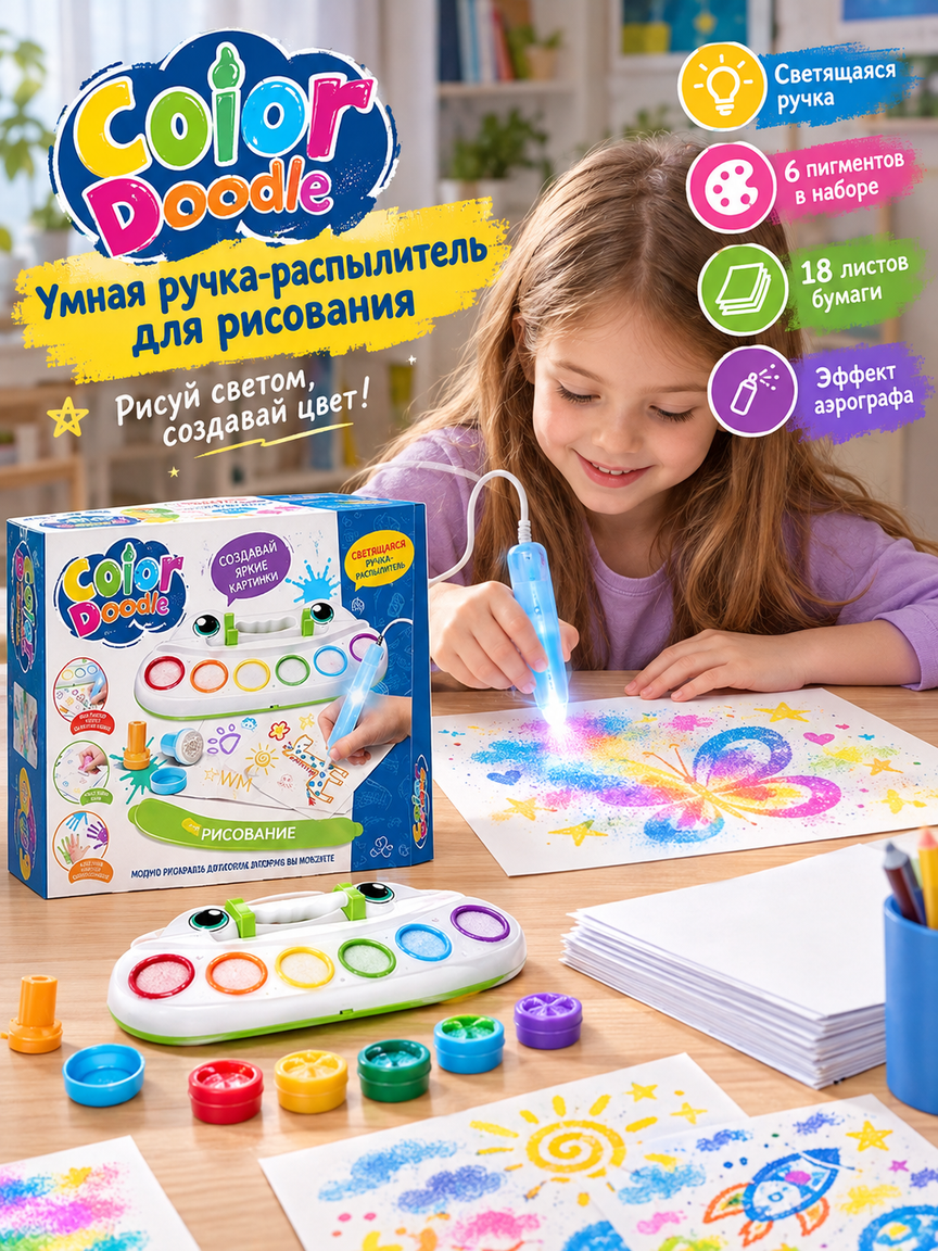 Умная ручка-распылитель для рисования: 6 пигментов, 18 листов бумаги, светящийся корпус, набор