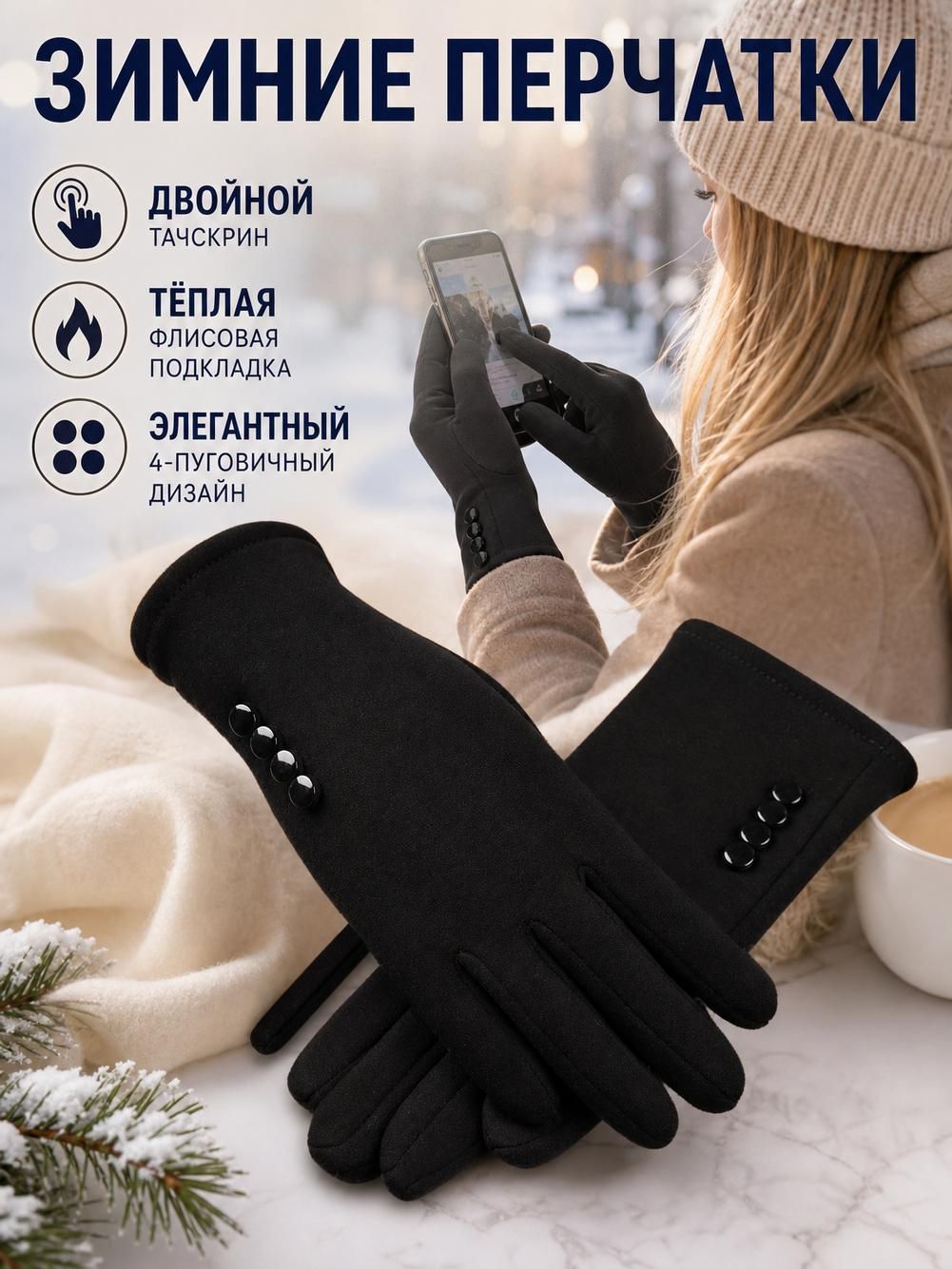 Перчатки  Осень-зима 2026 для мужчин и женщин, размер универсальный, черный