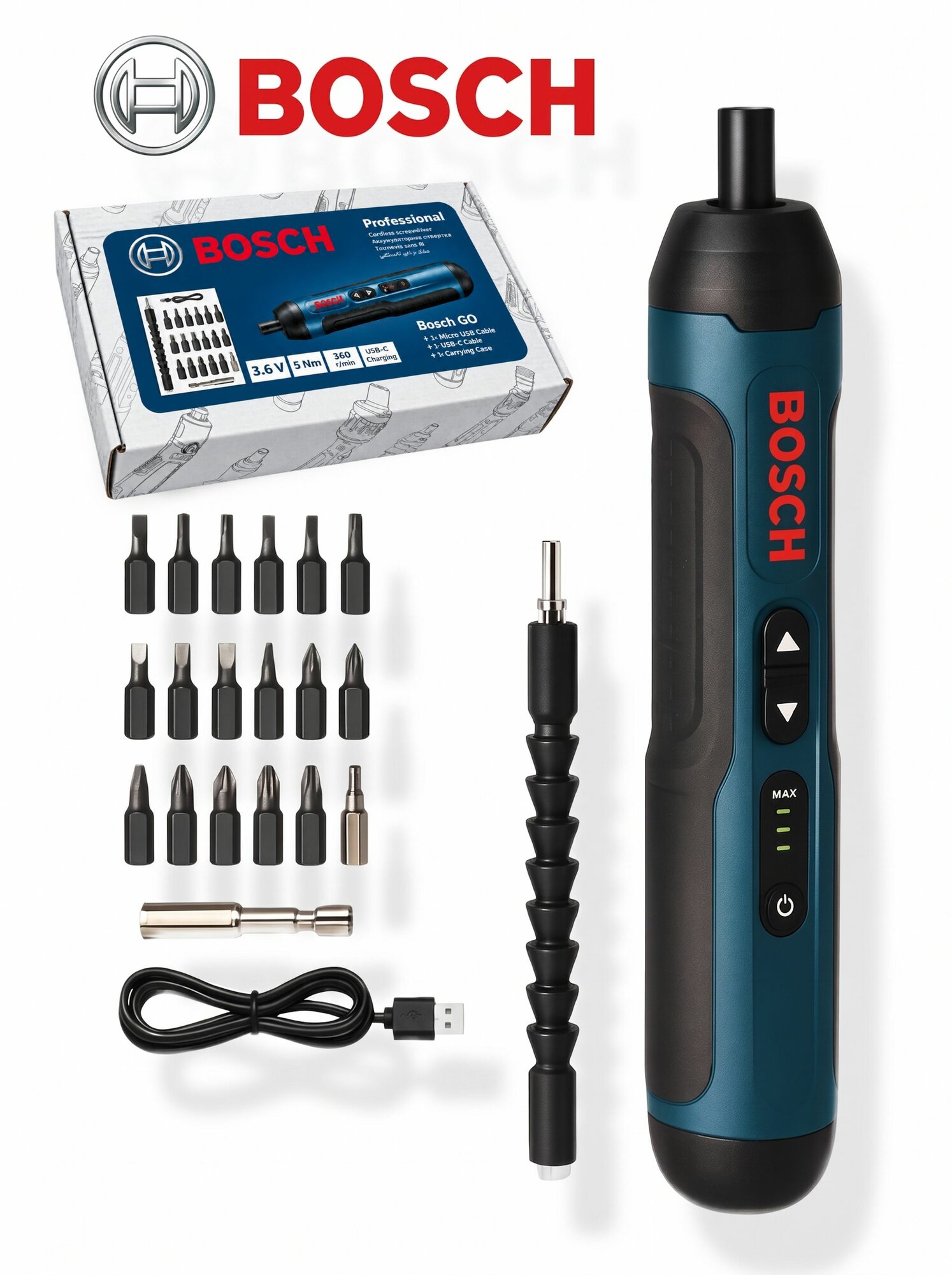Отвертка Bosch GO электрическая аккумуляторная 20 в 1 , набор бит, с подсветкой
