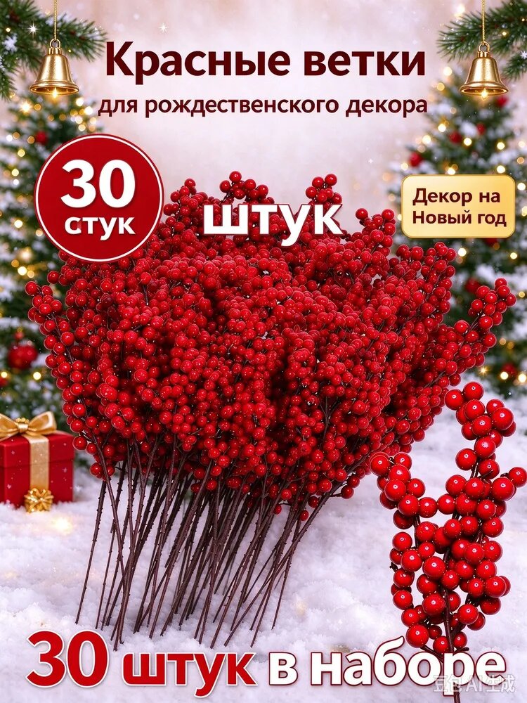 Ветка, шишка декоративная 30 шт красный