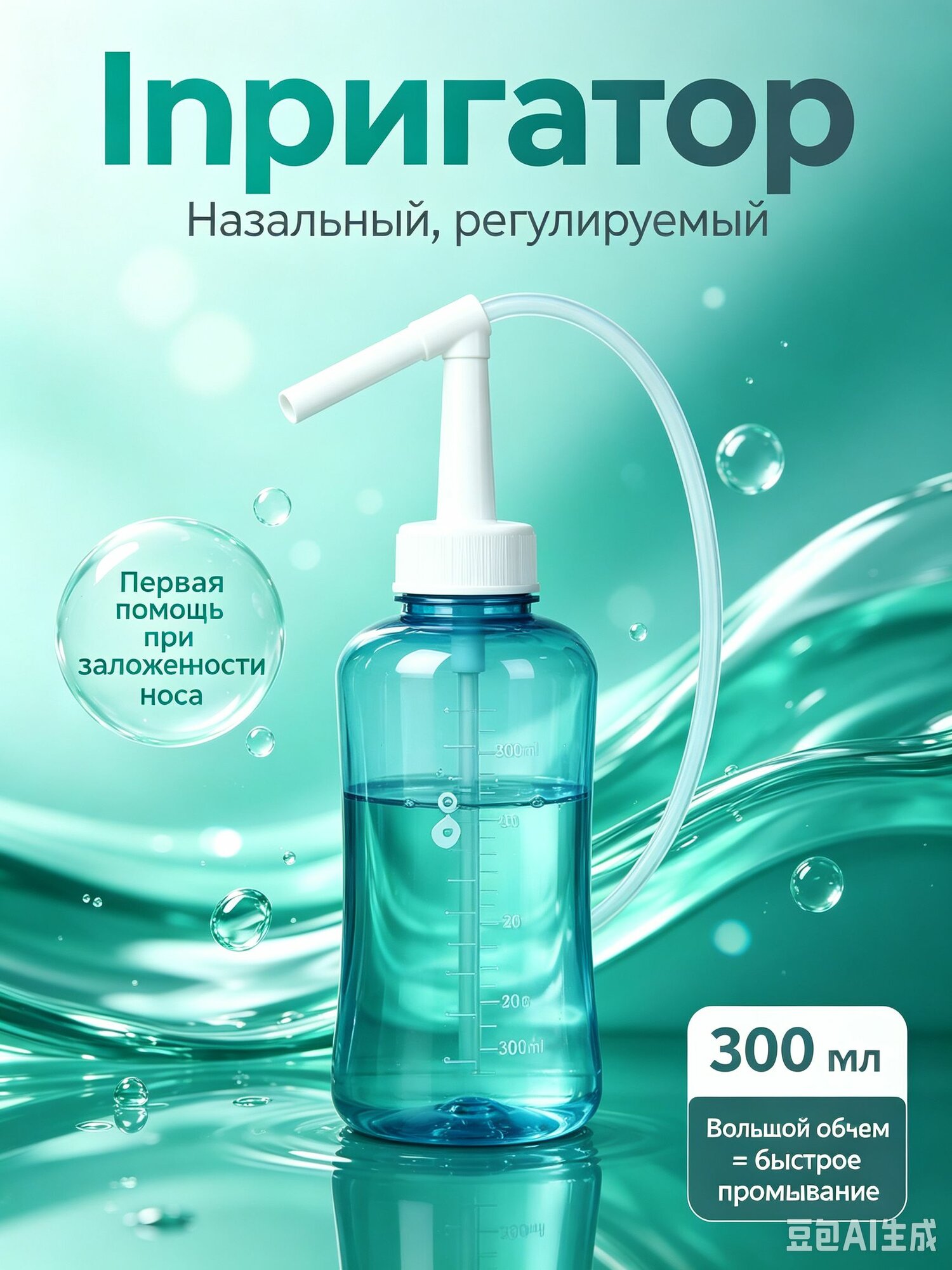 Назальный ирригатор 300 мл для промывки носа, регулируемый носик, 2 сменные насадки, промыватель от заложенности носа для взрослых и детей