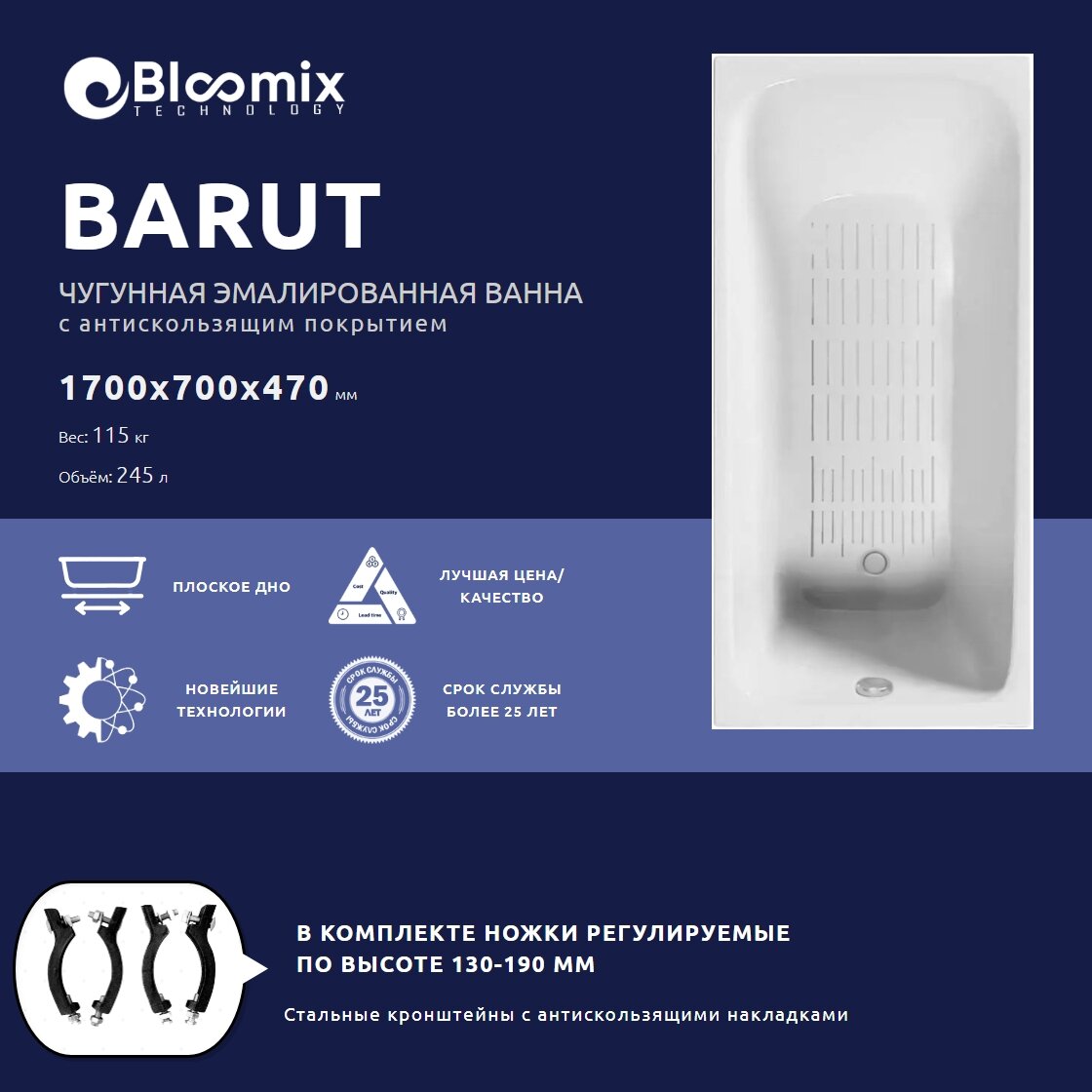 Ванна чугунная Bloomix Barut 170x70 BLB177047-ANS с антискользящим покрытием