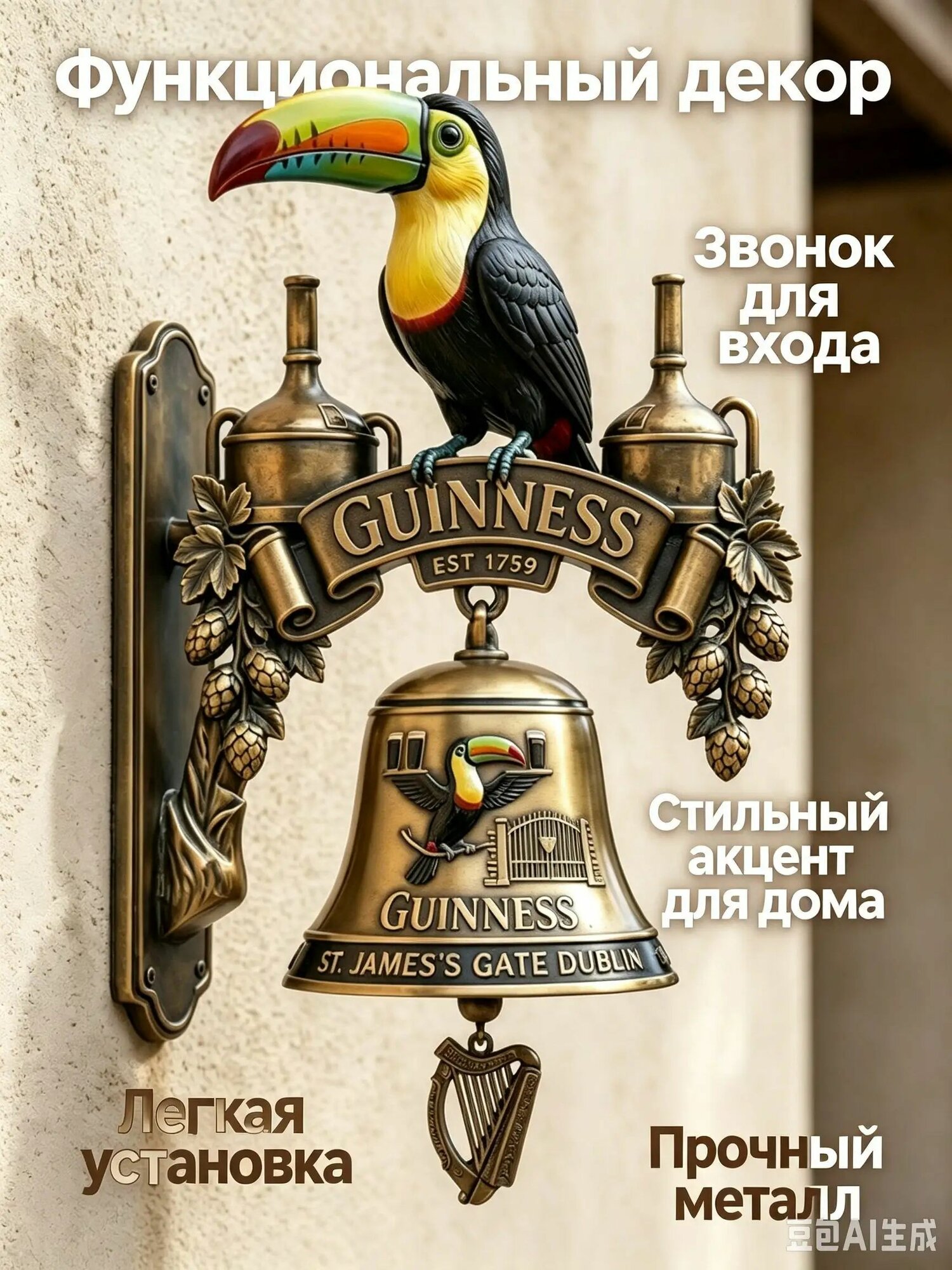 Настенный колокол с туканом, декоративный подвесной колокол для бара, дома, кафе, винтажный декор интерьера