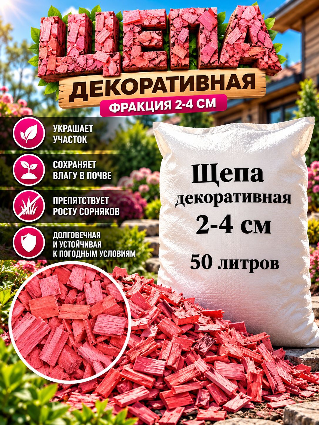 Щепа декоративная красная в мешках для сада (мульча кора сосны красная), 2-4 см, 50 литров