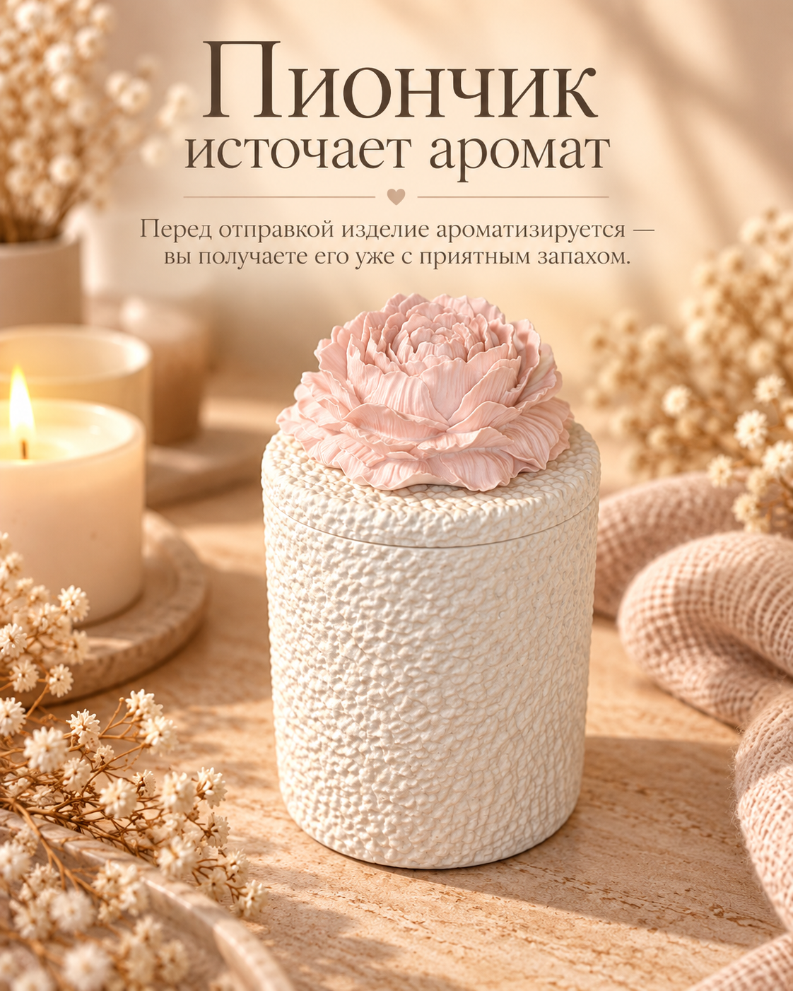 Гипсовая аромашкатулка с пионом, для украшений и мелочей, ароматическое саше — фото 1
