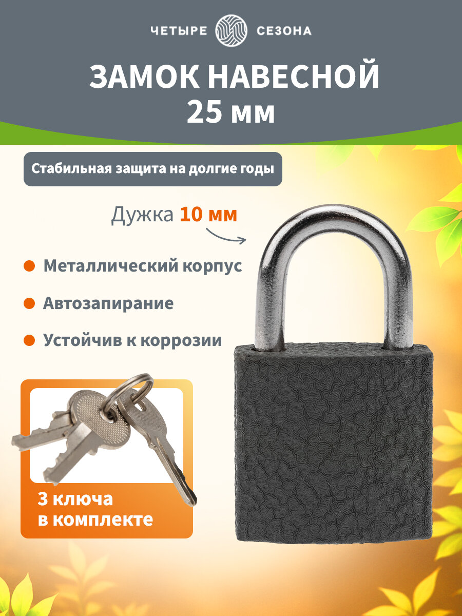 Замок навесной Четыре Сезона ЧЧ-25, чугунный корпус, 3 ключа