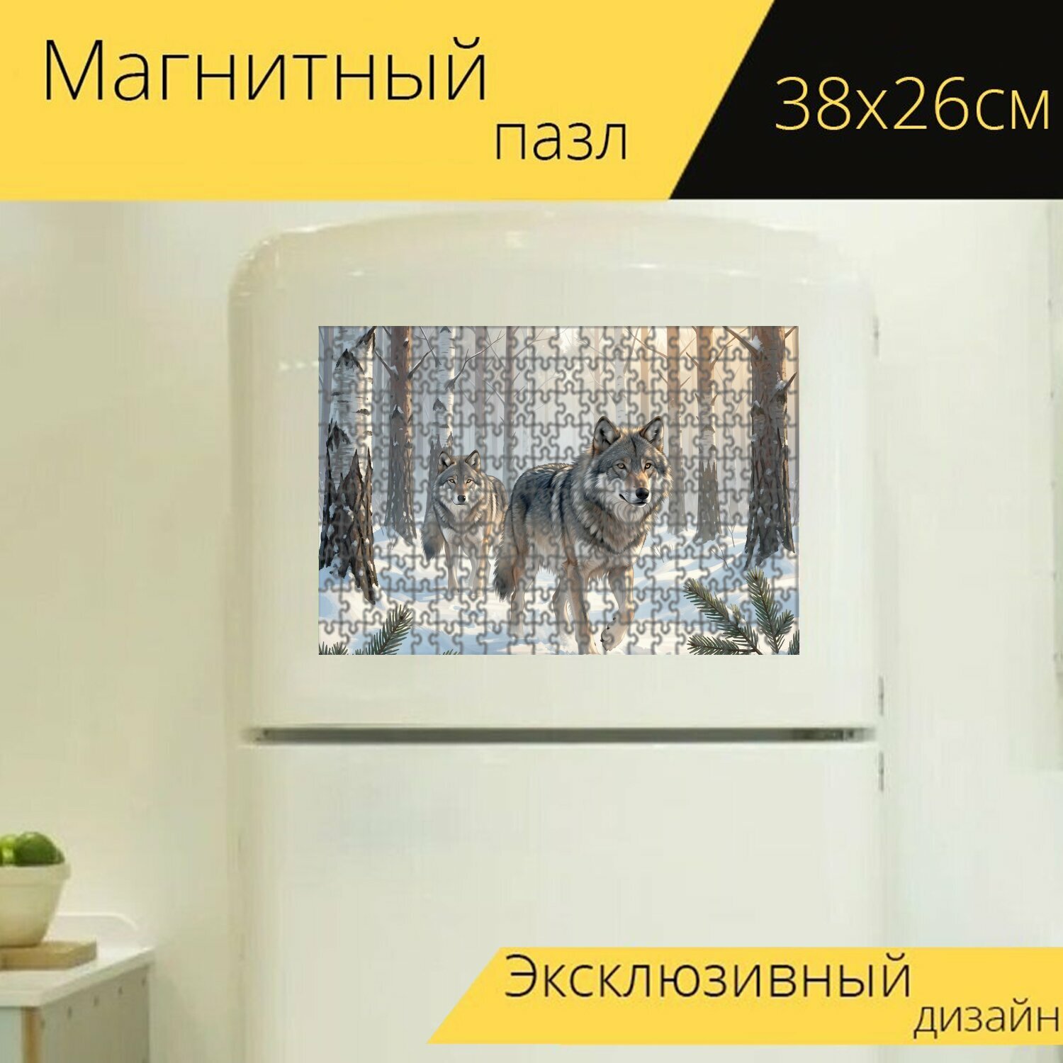 Магнитный пазл "Два волка в зимнем лесу. Серая волчья пара идет по заснеженной тропе среди берез и хвойных ветвей. Цифровая живопись в холодных бело-серых." для интерьера, 38х26 см.