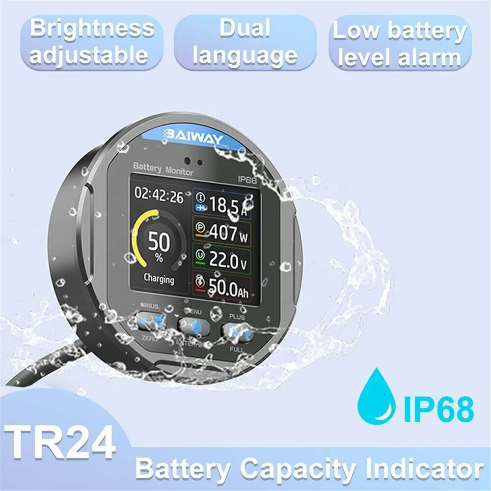 TR24 DC 8-80V 50A Кулонометр Водонепроницаемый индикатор емкости батареи Профессиональный тестер Амперметр Вольтметр для автомобиля