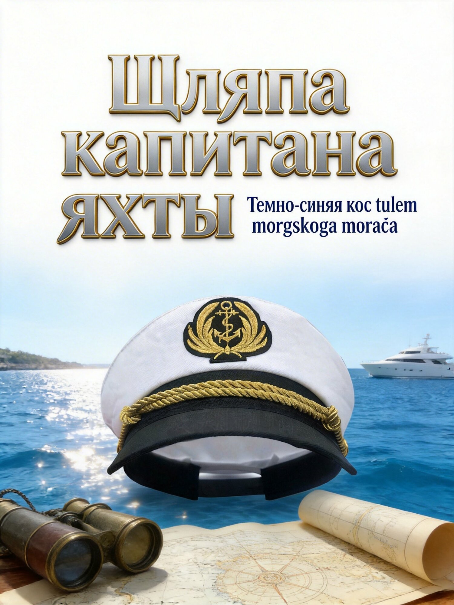 Капитанская фуражка для яхты, белая хлопковая с золотой вышивкой и витой декоративной тесьмой, регулируемый ремешок подходит для головы 55-60 см