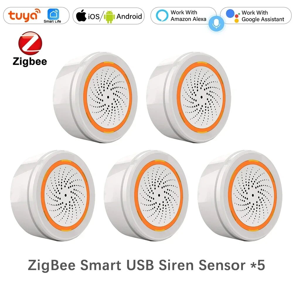 Умная сирена на USB Tuya ZigBee с датчиком, 90 дБ, звуковая и световая, беспроводной шлюз для безопасности умного дома, управление через приложение, совместима с Alexa и Google — ZigBee-сирена, 5 штук