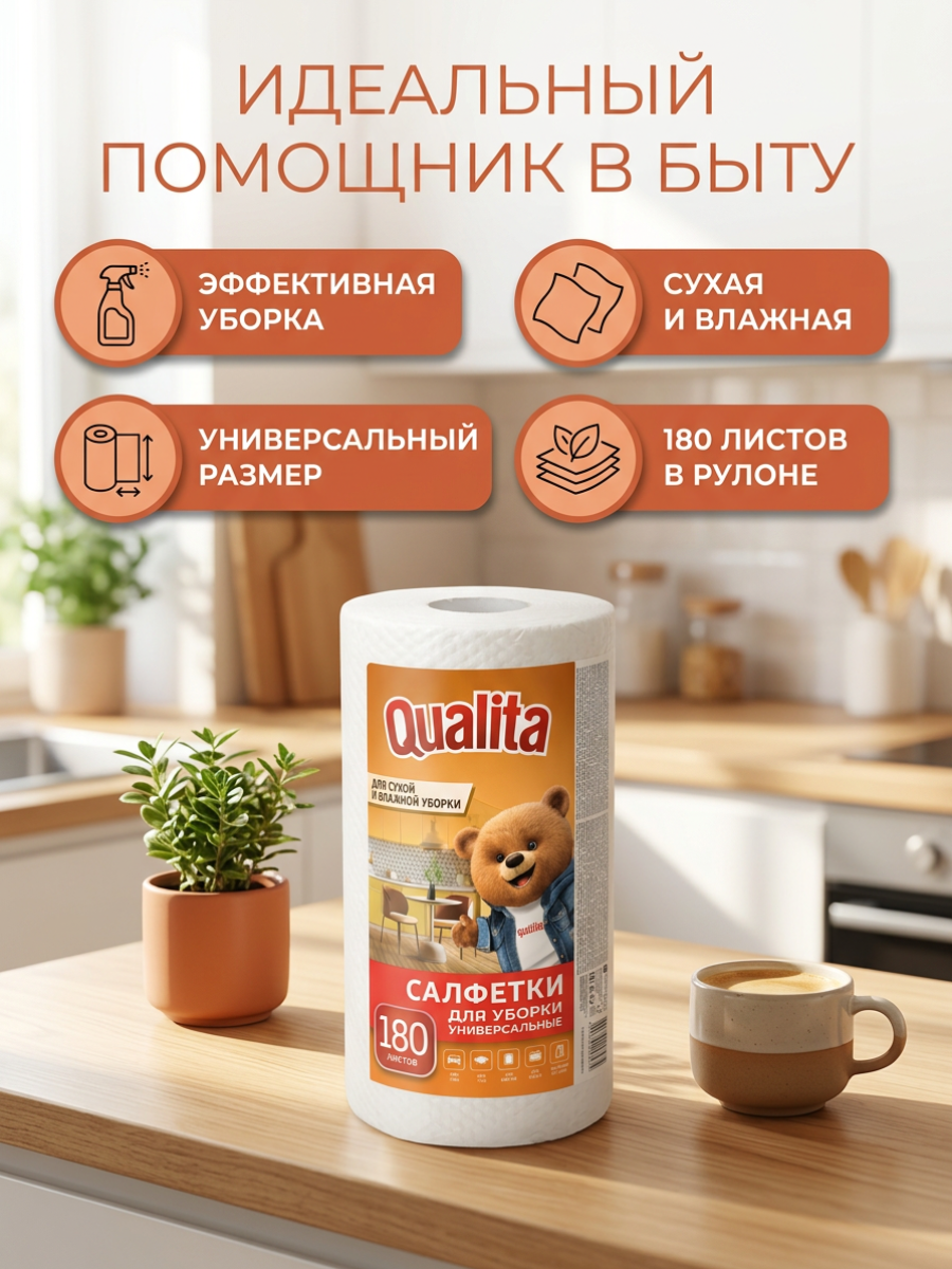 Салфетки в рулоне 180 шт (вискозные, безворсовые), "QUALITA"