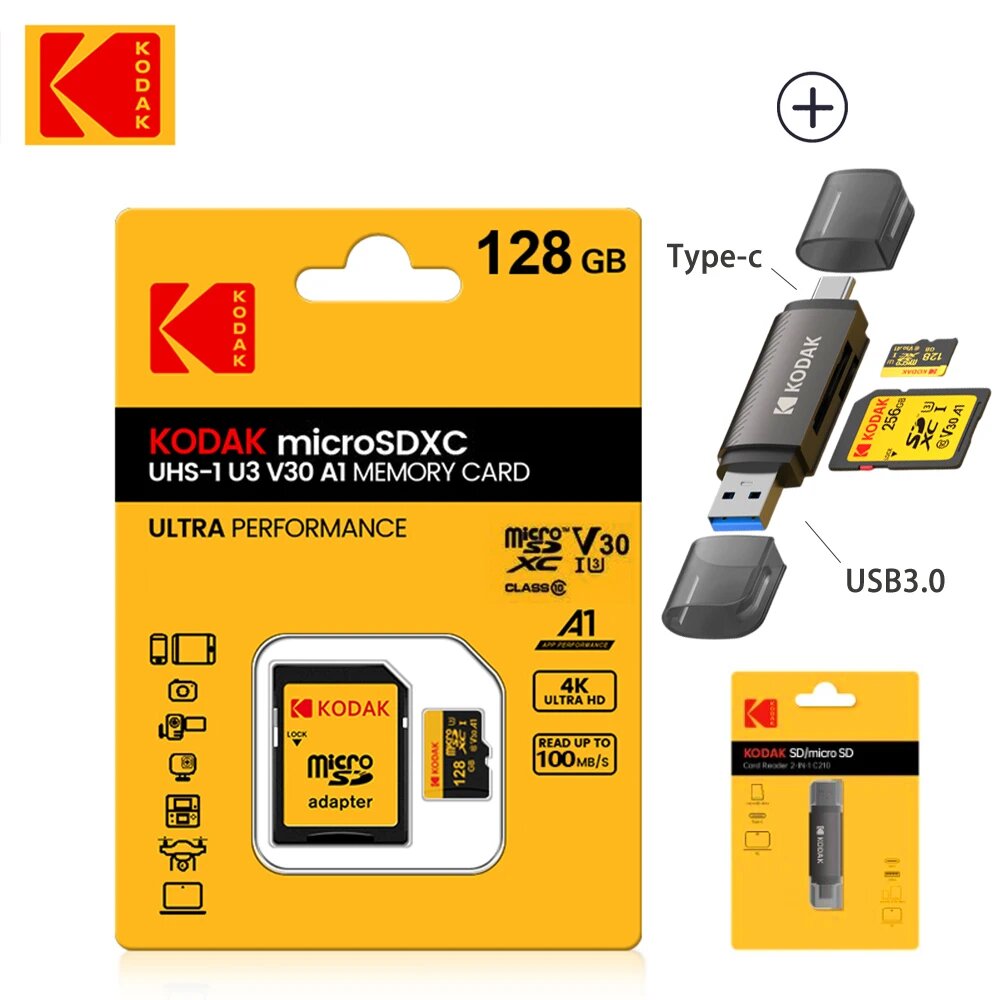 Kodak MicroSDXC 128GB UHS-I U3 V30 USB 3.0 с C210