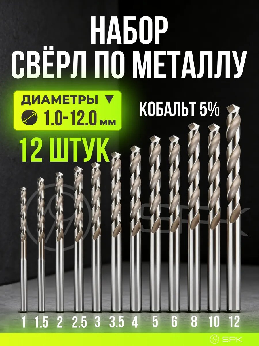Набор сверл по металлу SPK, кобальтовые 5%, твердосплавные, 12 шт, 1-12 мм
