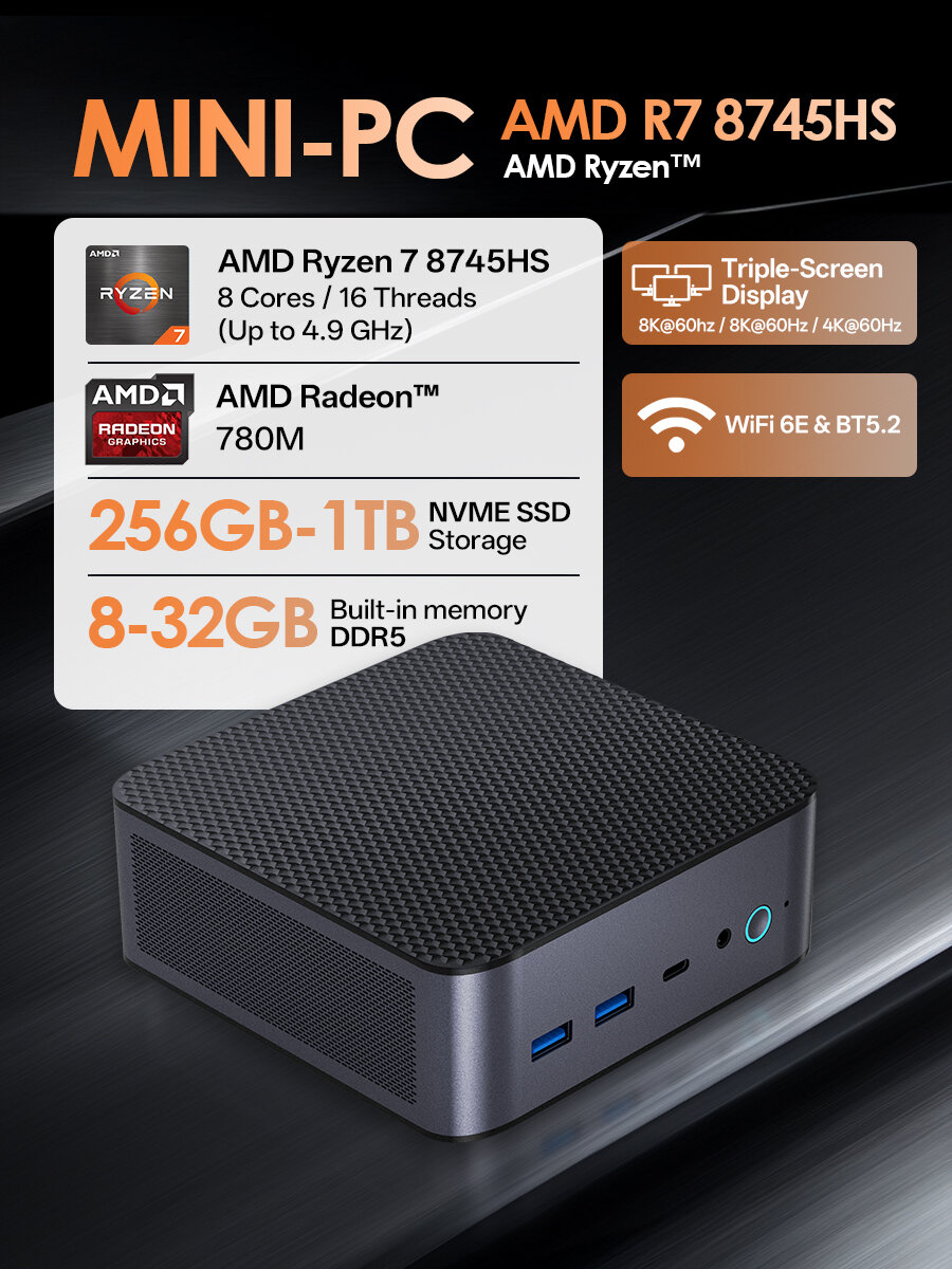 Мини ПК GXMO H90 PRO AMD Ryzen 7 8745HS, AMD Radeon 780M Graphics, Нет памяти, нет жесткого диска), WiFi 6E, BT5.2