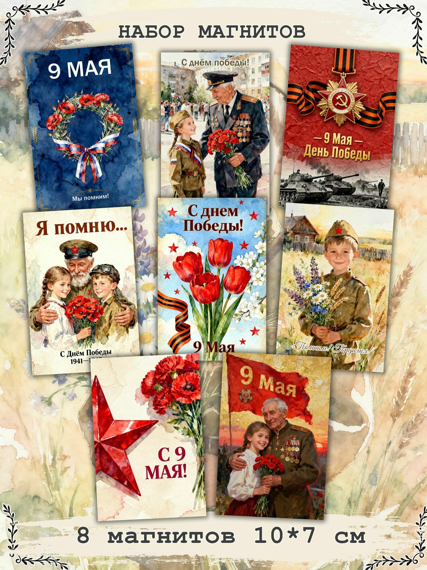 Набор магнитов на 9 мая 10х7 см 8 шт