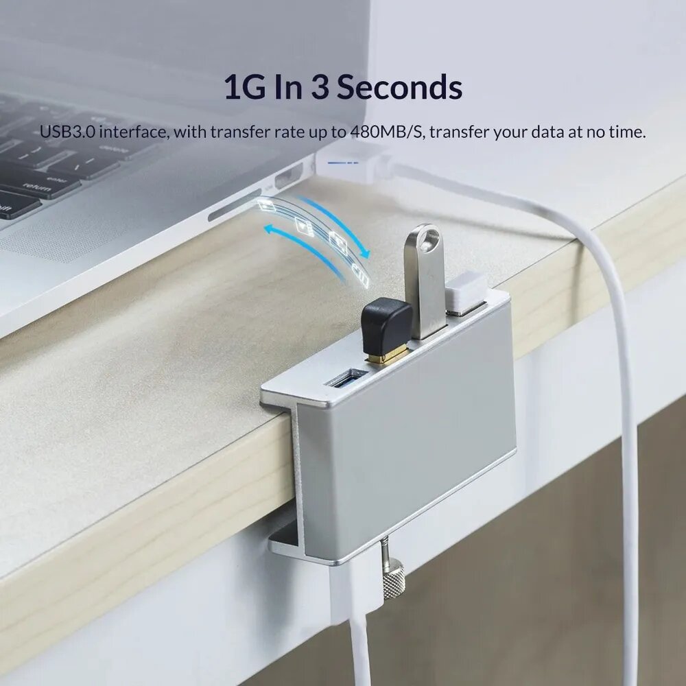 USB-концентратор UGREEN 4 порта USB 3.0 алюминиевый сплав серебристый с зажимом для крепления — фото 1