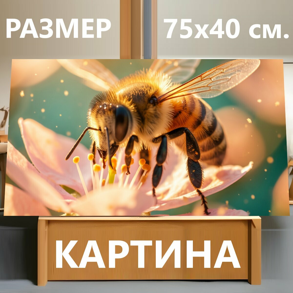 Картина на холсте "Пчела на цветущем яблоневом цветке. Макро сцена с полосатым насекомым на нежном розовом цветке, мягкое боке, теплые." на подрамнике 75х40 см. для интерьера