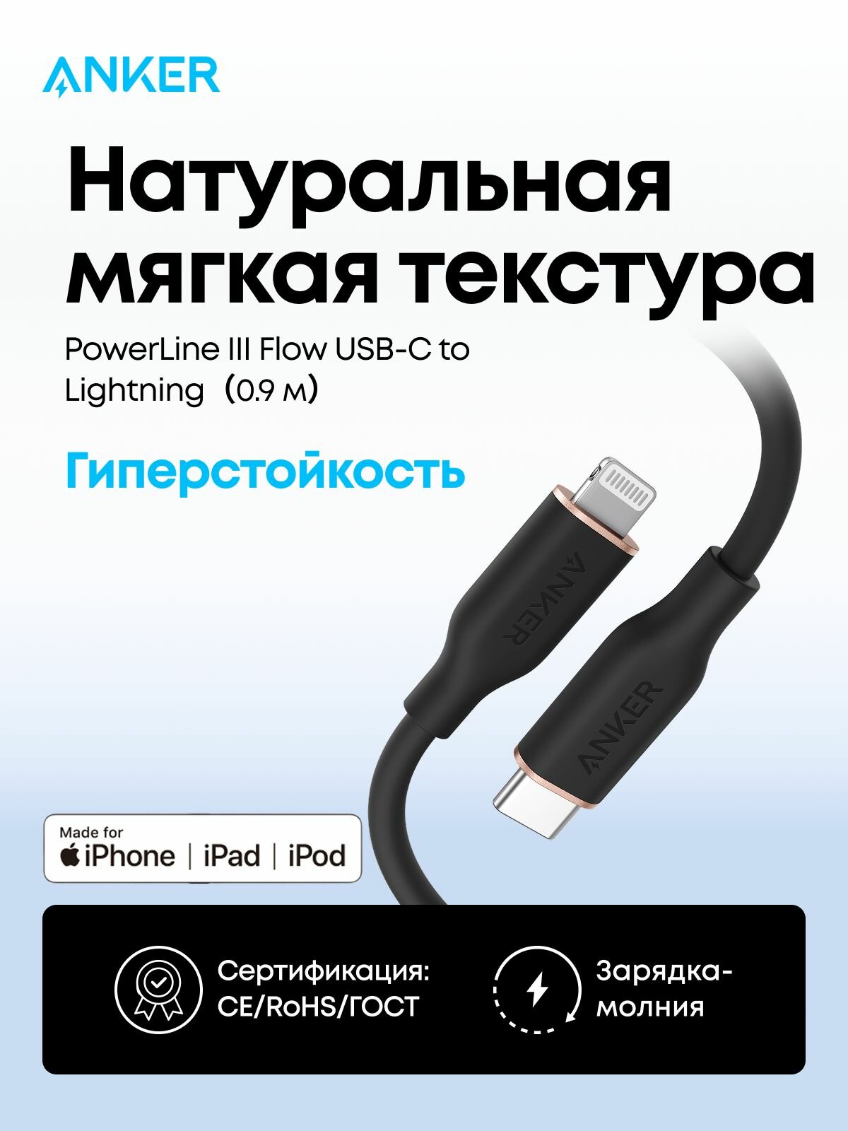 Anker Кабель для мобильных устройств USB Type-C/Apple Lightning, 0.9 м, черный