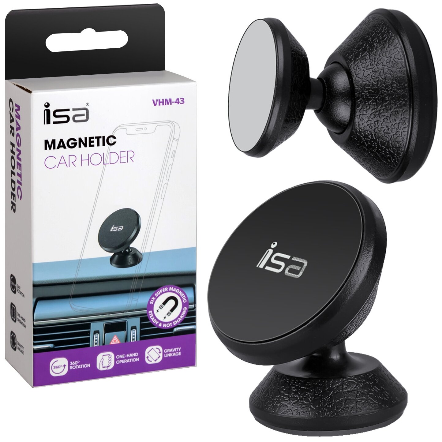 Автомобильный магнитный держатель ISA VHM-43 Magnetic car holder, с шарнирной площадкой, черный