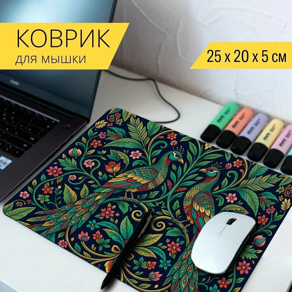 Коврик для мыши с принтом "Два павлина среди цветов. Парная декоративная композиция с яркими павлинами, окружёнными листьями и мелкими цветами. Орнаментальный стиль." 25x20см.