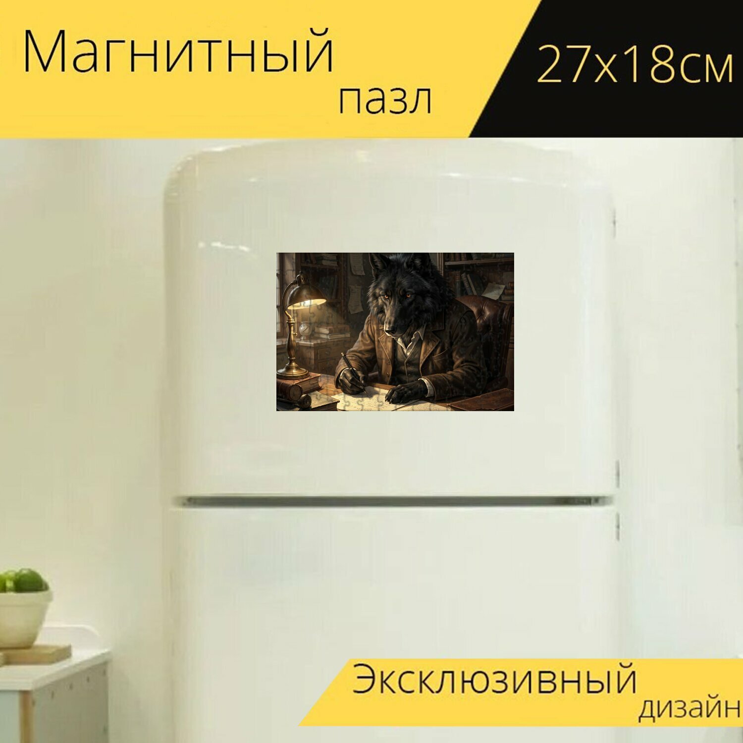 Магнитный пазл "Волк-писатель за рабочим столом. Атмосферная фэнтези-иллюстрация: антропоморфный хищник в тёплом кабинете пишет пером среди книг, лампы и." на холодильник 27 x 18 см.
