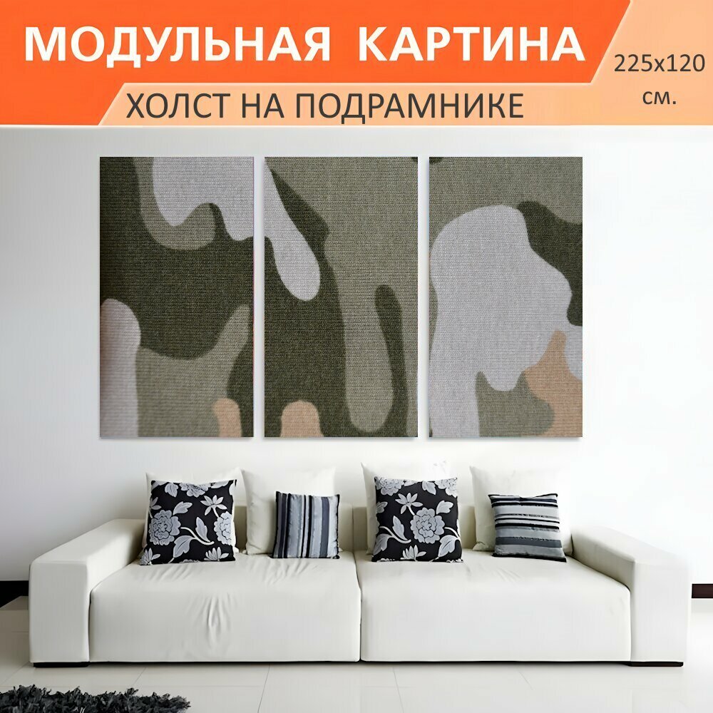 Модульная картина на холсте "BDU Pattern цифровой камуфляж Рисунок красочный военный фоновый узор цифровой камуфляж цифровая модель." триптих на подрамнике 225х120 см. для интерьера