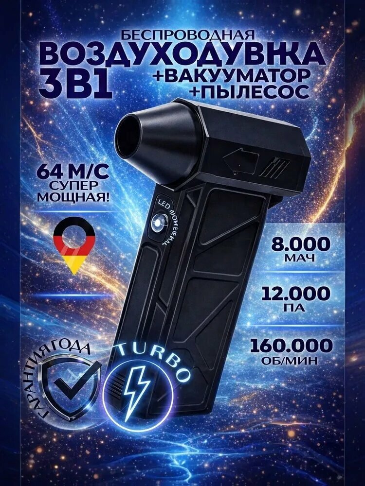 Мощная аккумуляторная мини-пылесос/воздуходувка с контейнером для пыли 0,35л, быстрая зарядка USB Type-C