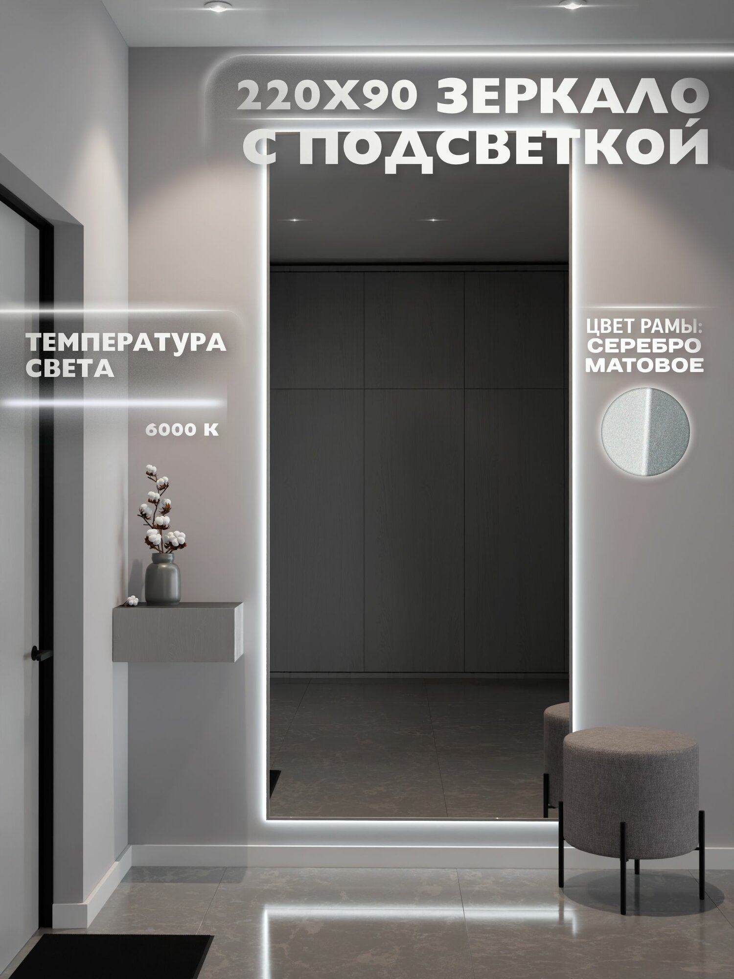 Зеркало настенное 220х90 см. серебро с подсветкой Свет: Холодный белый 6000К В алюминиевой раме интерьерное ONE MARKET