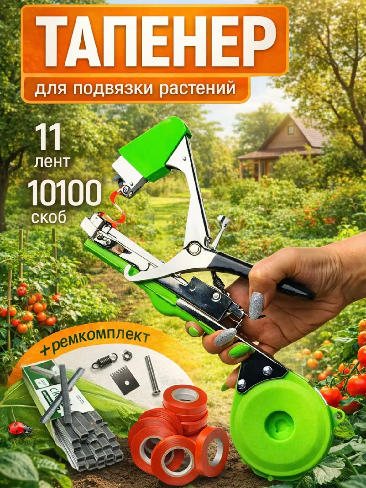 Тапенер для растений садовый, подвязчик для подвязки растений, лента и скобы в комплекте