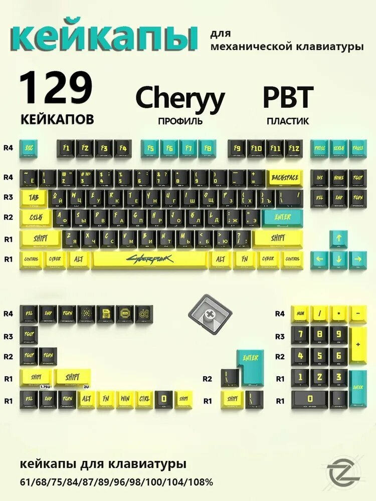 Кейкапы в стиле Киберпанк, боковое тиснение, PBT, 129 шт, русская раскладка