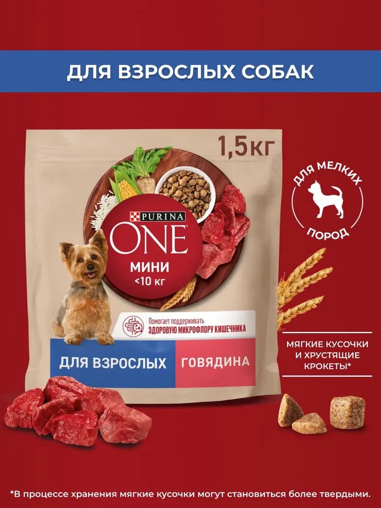 Сухой корм для собак Purina ONE мини для мелких и карликовых пород, с говядиной и рисом, 1,5 кг