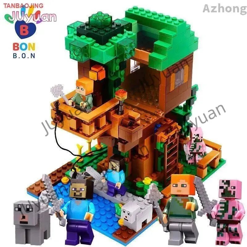Конструктор Minecraft "Игрушечный Дом на Дереве" для Мальчиков - 260 Деталей, Включая Животных Фигурок, Человечей и Оружие (Меч, Кирка)