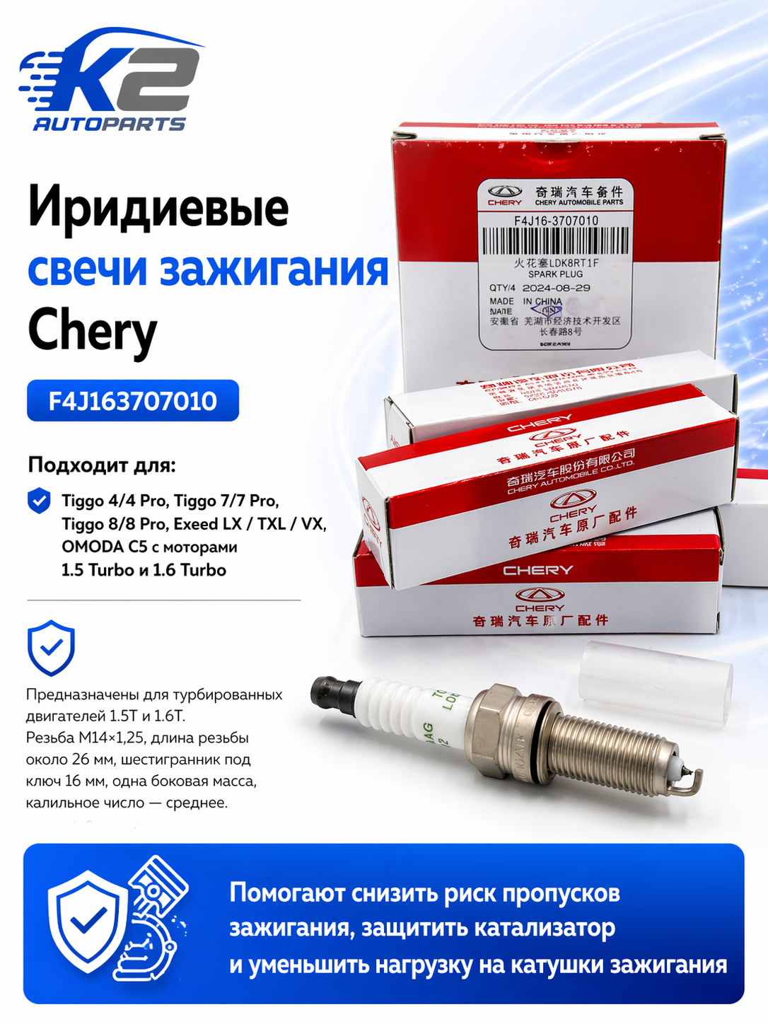Свечи зажигания иридиевые Chery Tiggo 4/4 Pro/7/7 Pro/8/8 Pro, Exeed LX/TXL/VX, OMODA C5, 1.5T–1.6T- F4J163707010