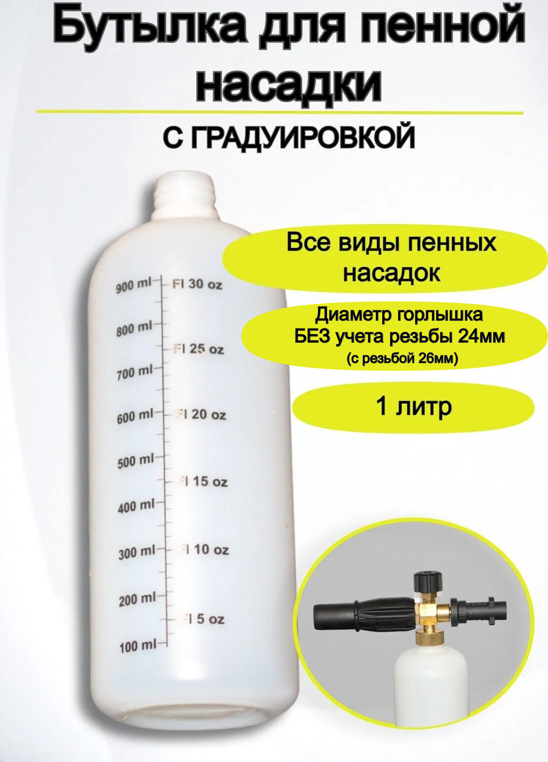 Бутылка для пеногенератора 1л / емкость для пенной насадки с градуировкой