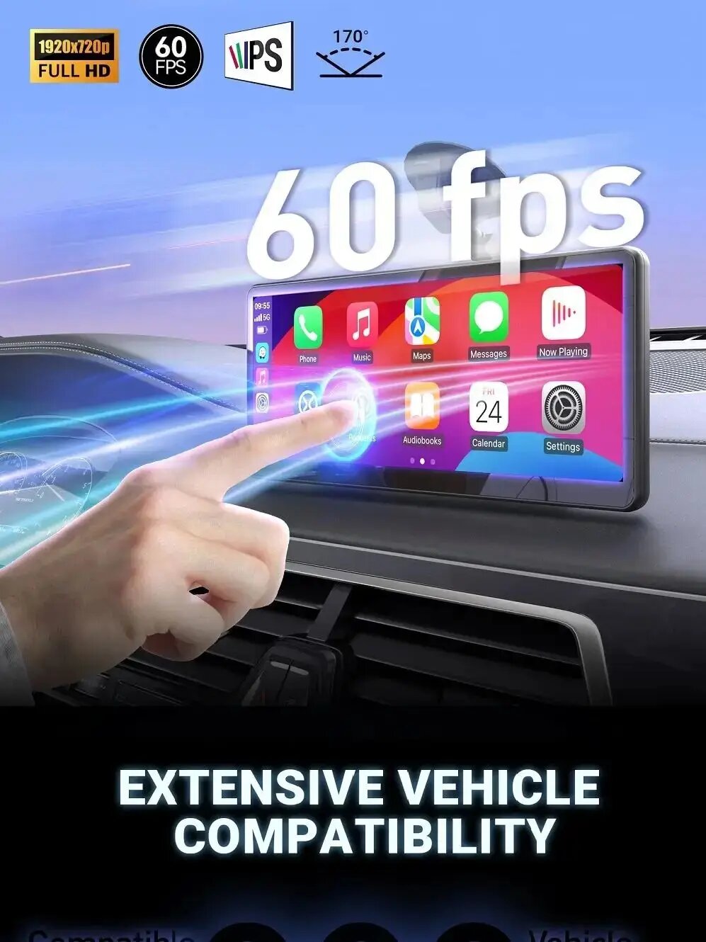 Портативный беспроводной экран MINIX CP89-HD с CarPlay, IPS-дисплеем и сенсорным управлением для iPhone/Android, Bluetooth/AUX/FM, магнитное крепление