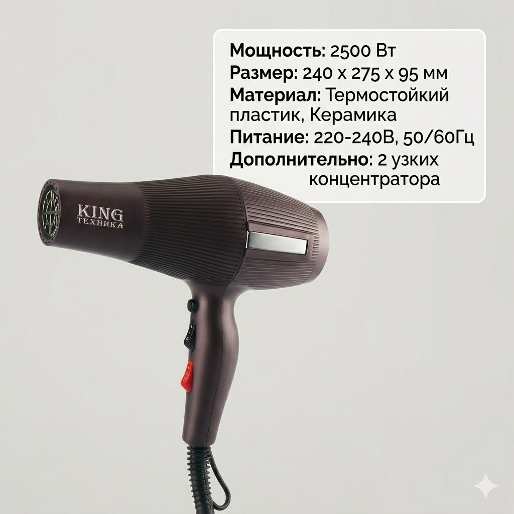 Профессиональный фен для волос ProgTech KING KP-6036 с ионизацией мощный мотор 2500 Вт два концентратора бордовый