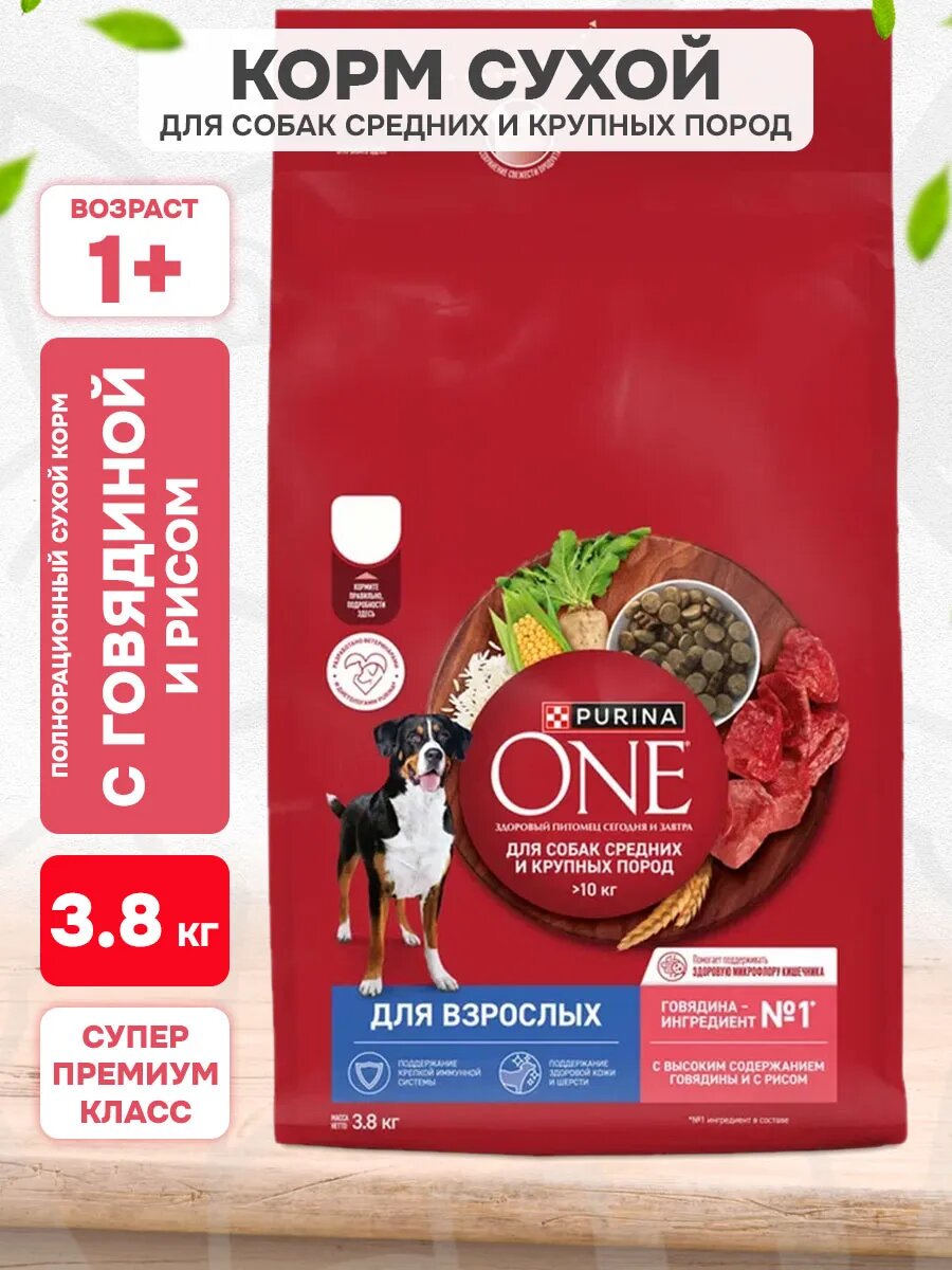 Корм сухой Purina One для взрослых собак средних и крупных пород, говядина и рис, 3,8 кг